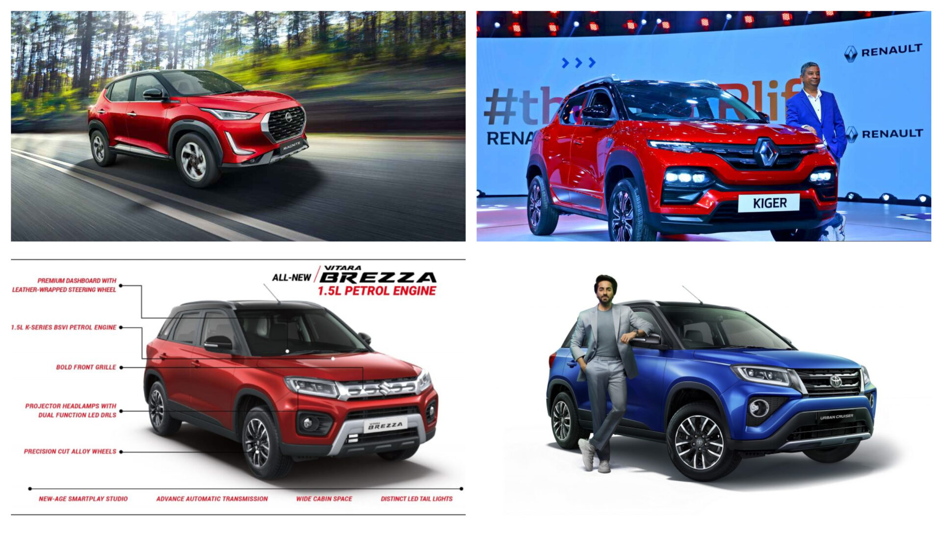 Renault Kiger vs Nissan Magnite vs Urban Cruiser Vs Vitara Brezza